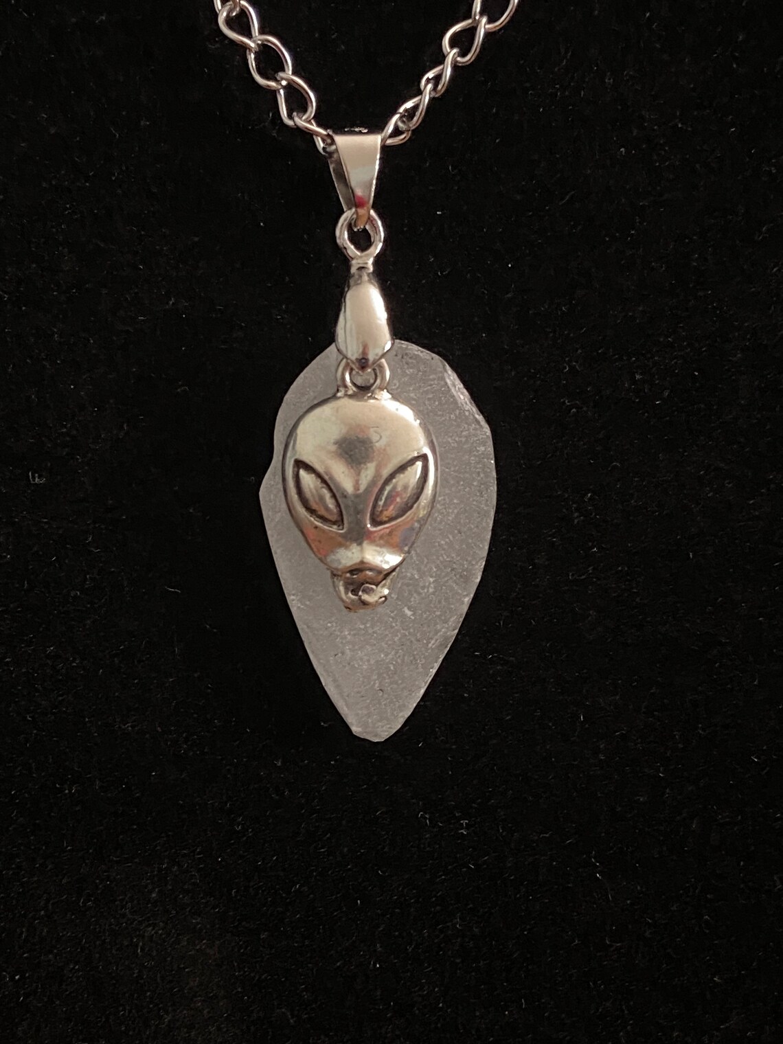 White Sea Glass With Silver Alien Charm & Silver Chain Necklace 1 - Etsy