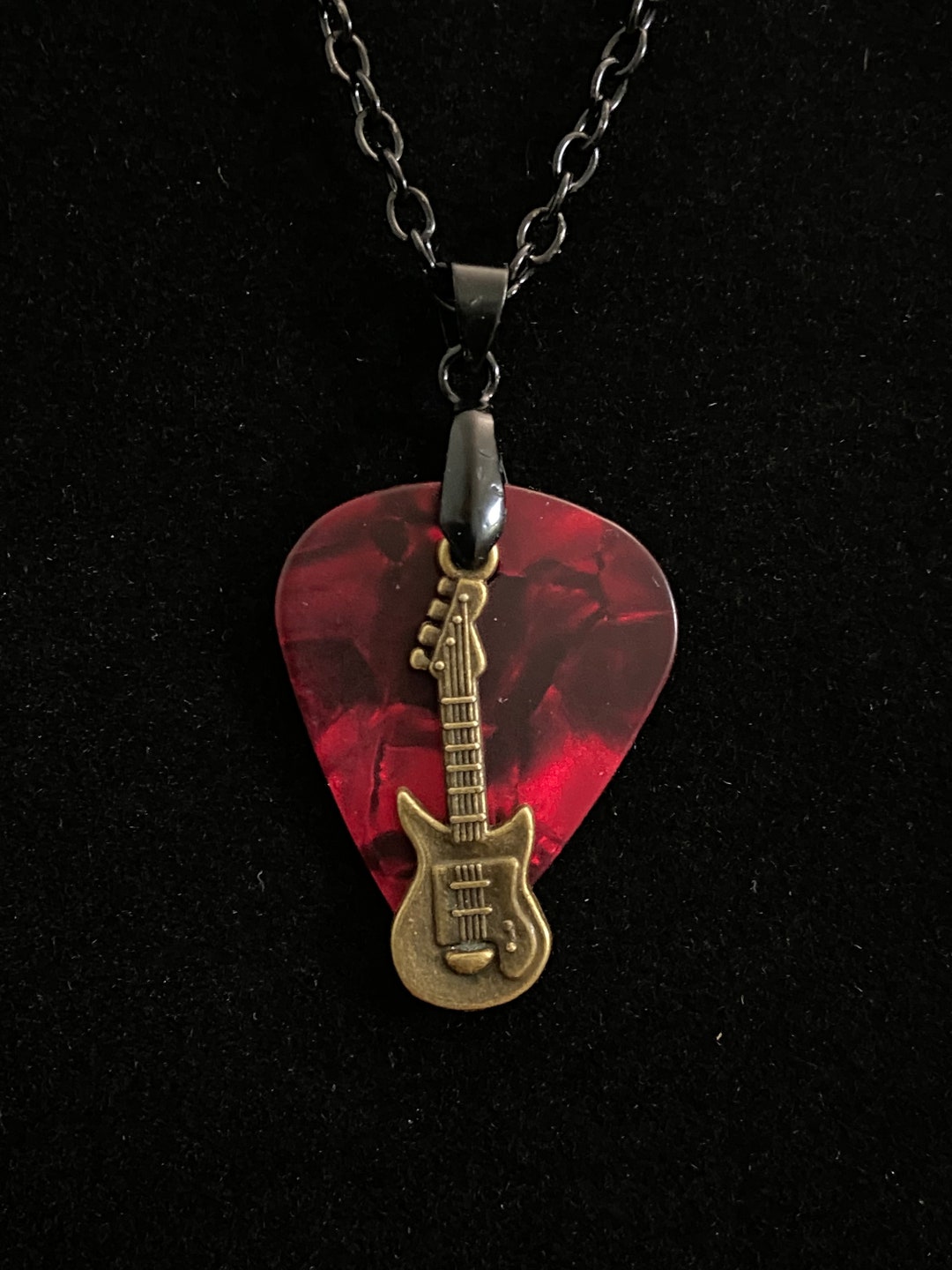 Red Guitar Pick With Gold Guitar Charm & Black Chain Necklace - Etsy