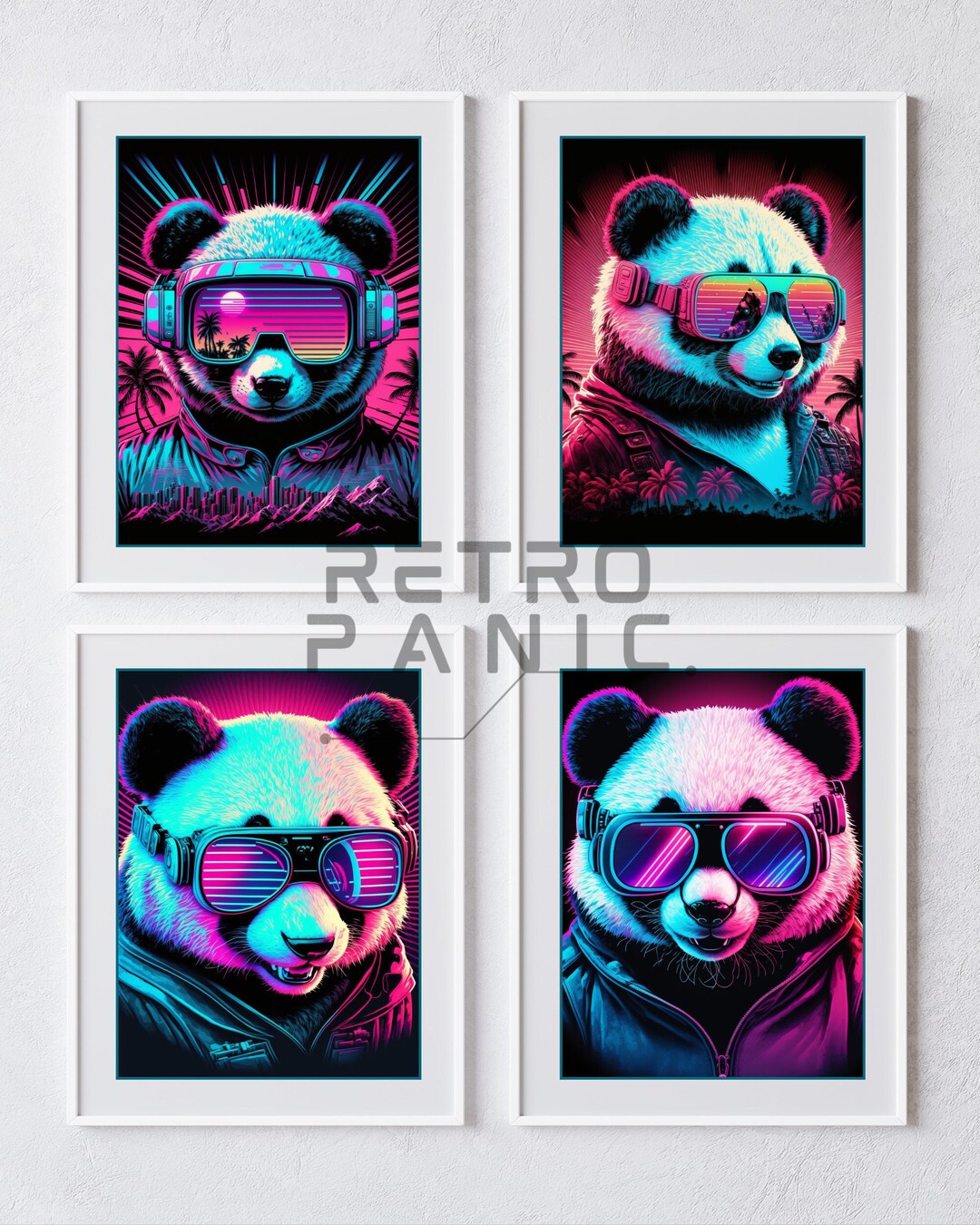 AI Printable Art Panda Bear Portraits Set of 4 in Synthwave Vaporwave ...