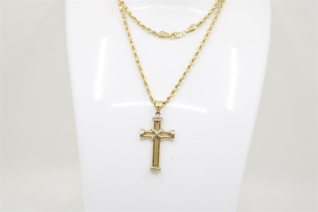 Vintage 14K Two-tone Gold 20 Puffed Rope & Cross Necklace - Etsy