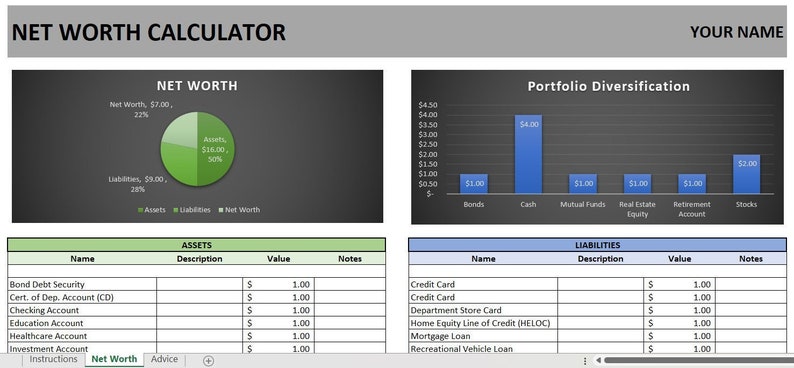 Net Worth Calculator (excel) - Etsy