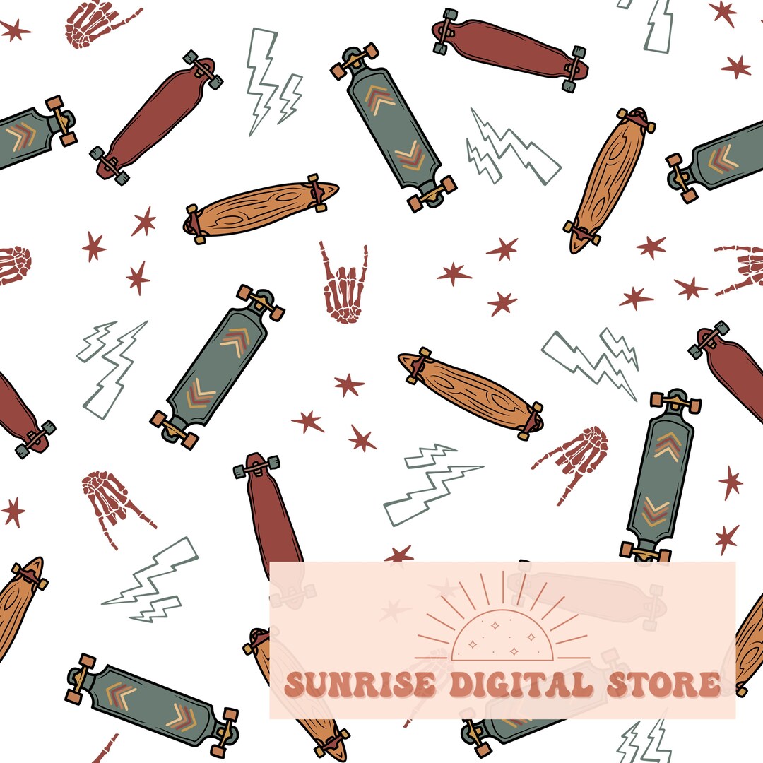 Punk 90s Skateboards and Longboards Seamless Pattern Lightning Bolts ...