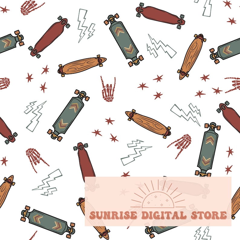 Punk 90s Skateboards and Longboards Seamless Pattern Lightning Bolts ...