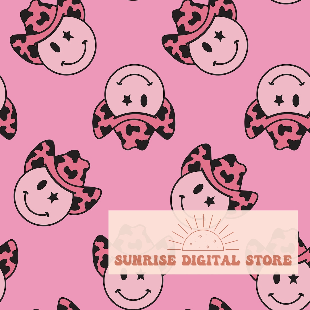 New Years Cowgirl Smile Face Seamless Pattern, Happy Face Repeating Pattern for Commercial AND ...
