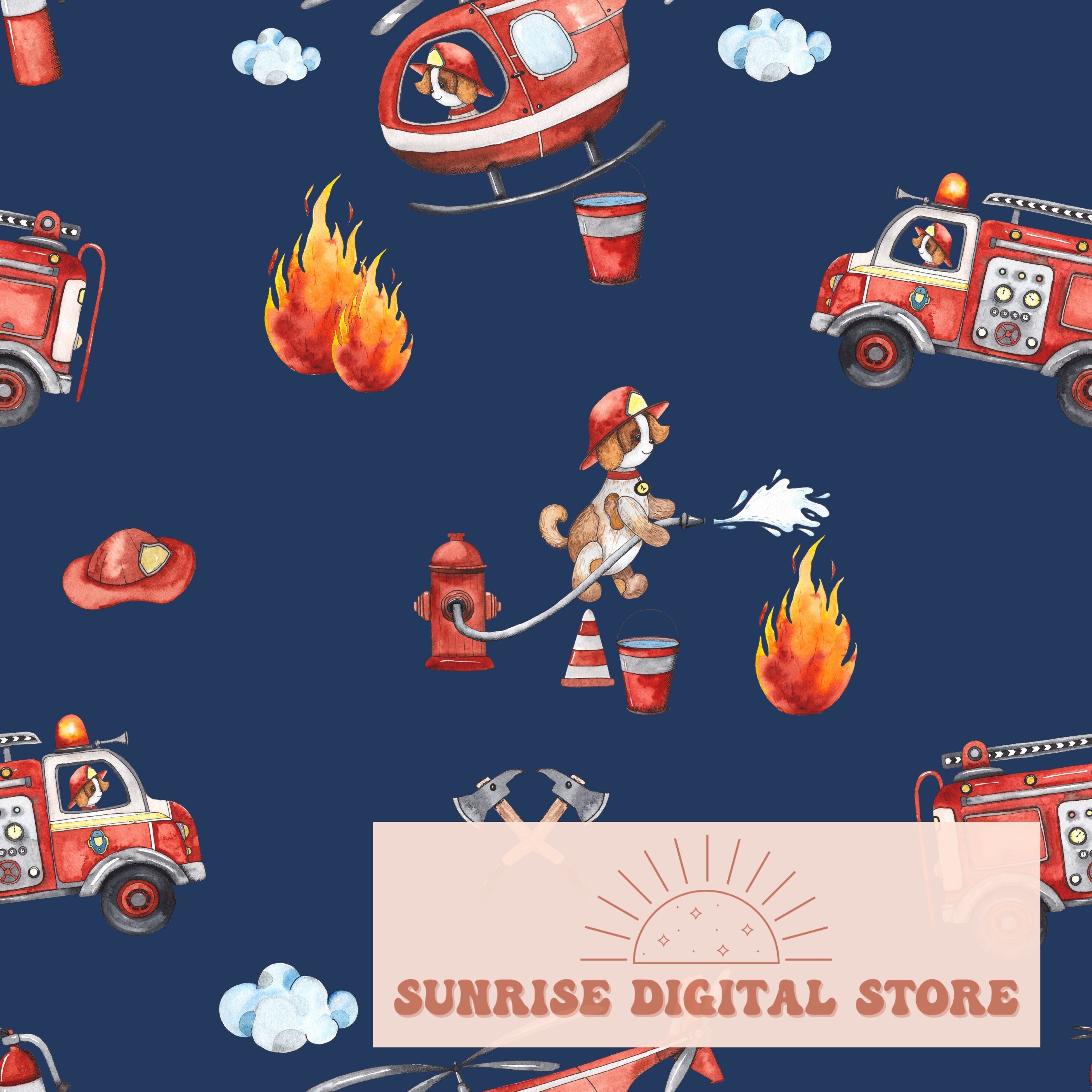 Watercolor Firefighter Pups Seamless Pattern, Helicopters and Fire ...