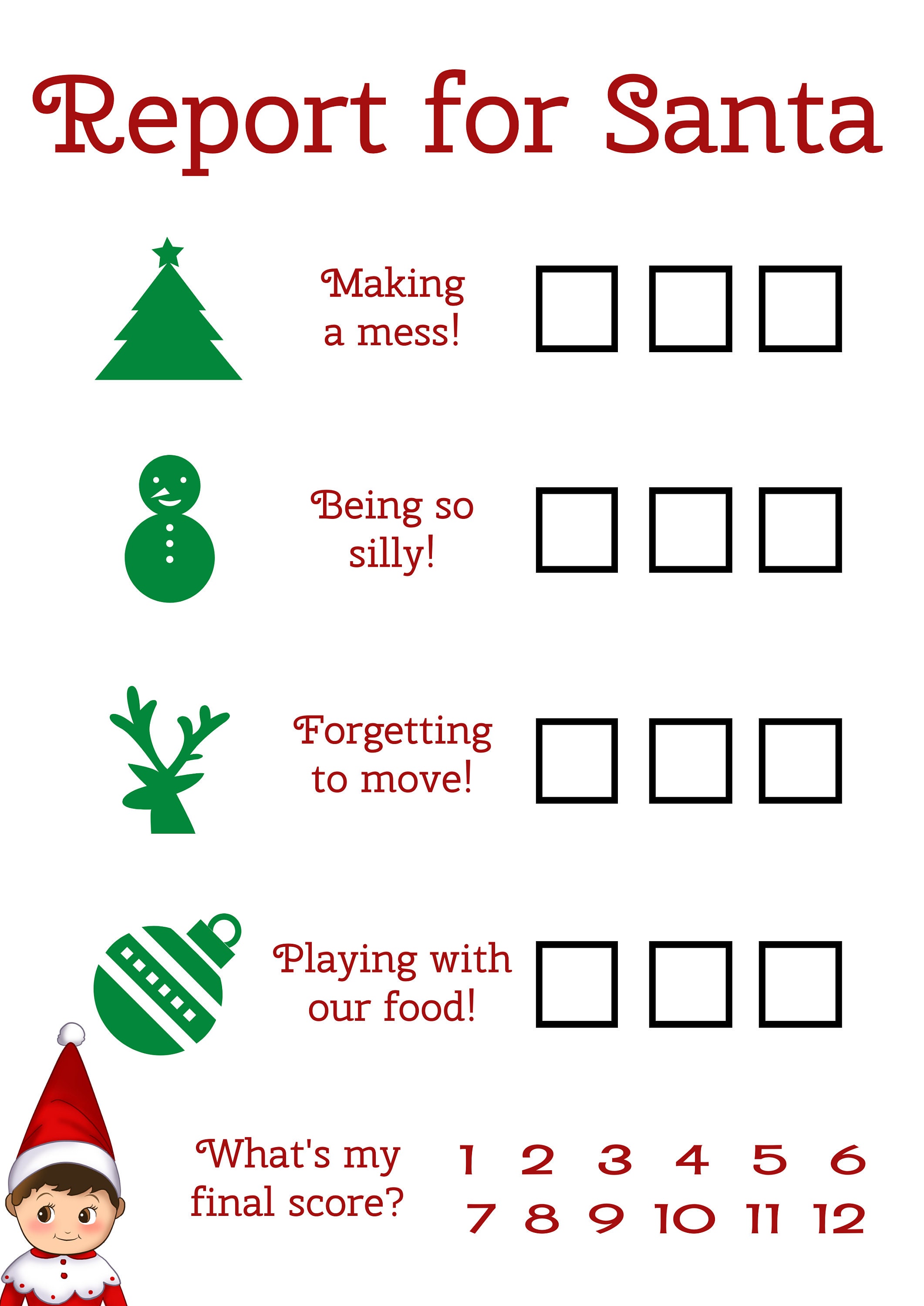 Elf Score/report Card Instant Download - Etsy