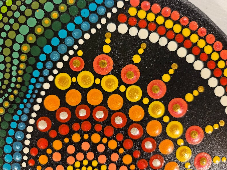 Hand-dotted Sun and Mountains, Gift, Dot Mandala, Unique, Orange, Green ...