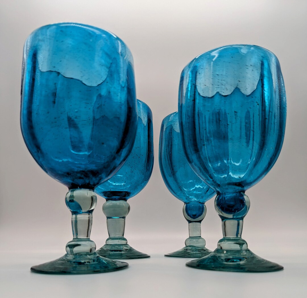 Four Large Water Goblets. Aquamarine Blue Color, 12oz Capacity, Hand ...