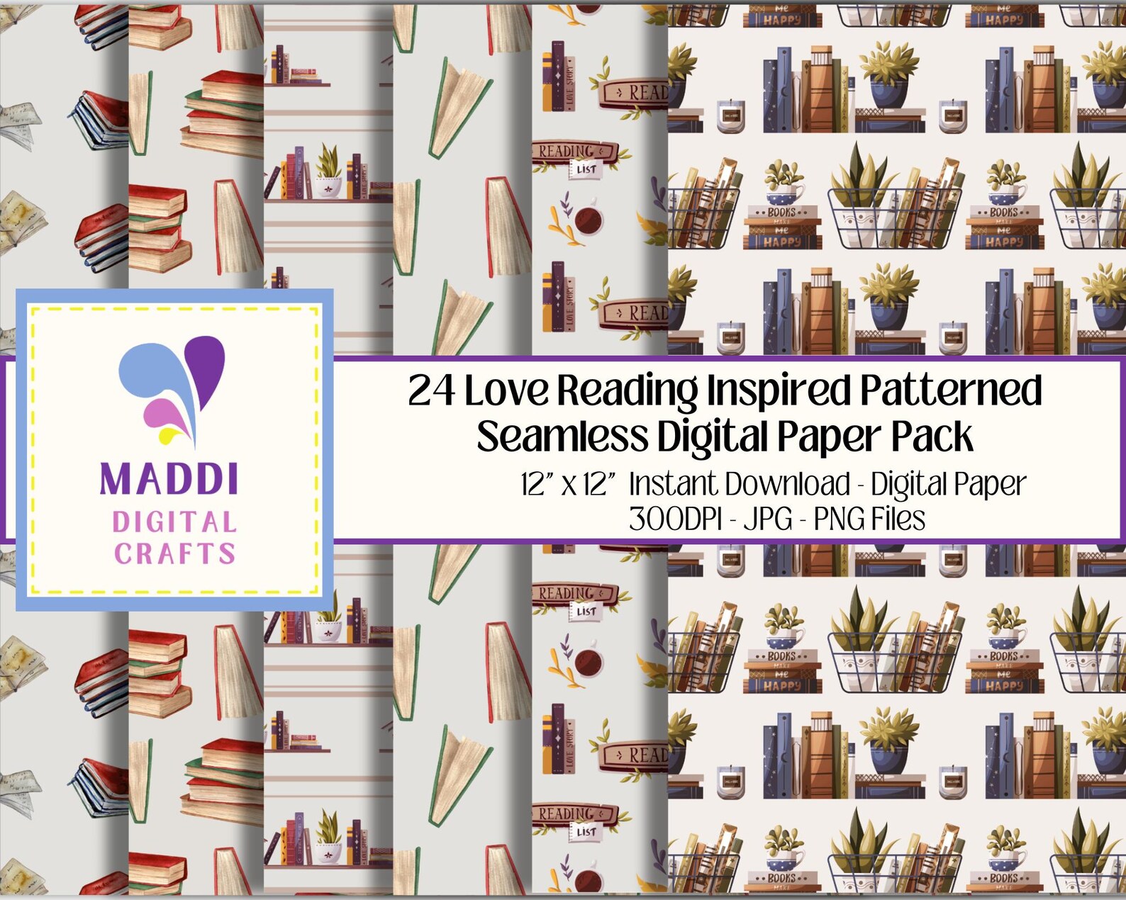 Reading Library Printable Seamless Patterned Digital Paper Books Theme ...