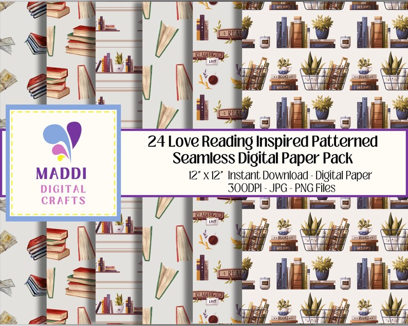 Reading Library Printable Seamless Patterned Digital Paper Books Theme ...