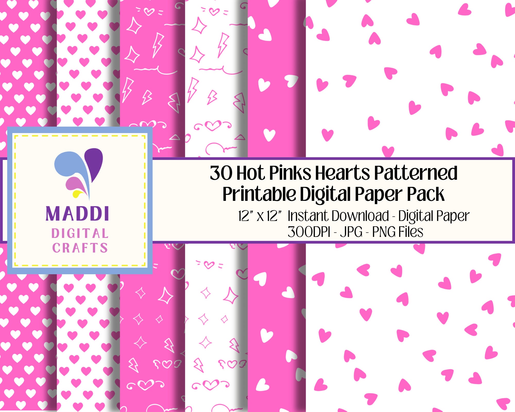 Hot Pink Hearts Printable Patterned Paper Pack Digital Downloadable ...
