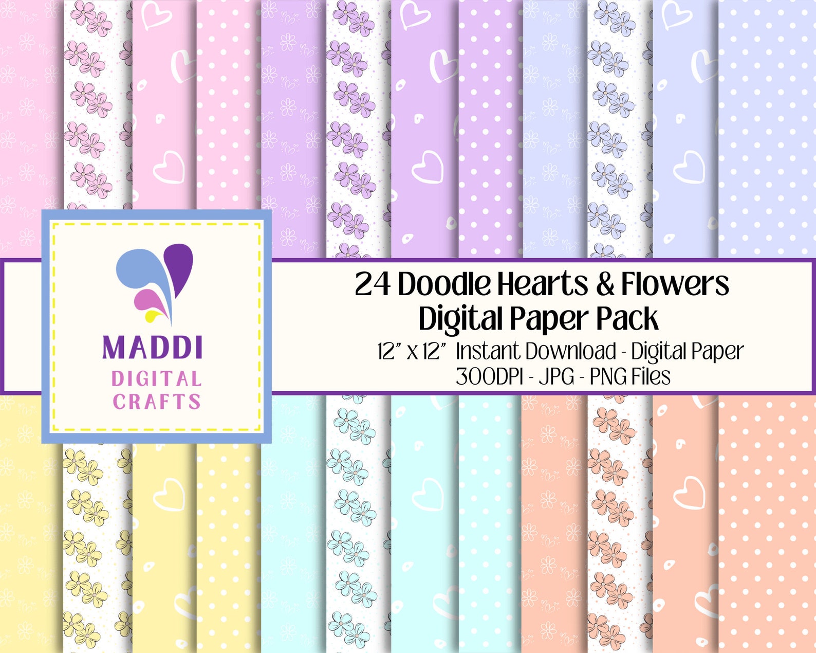 Colourful Doodle Hearts and Flowers 12 X 12 Printable Digital Paper ...