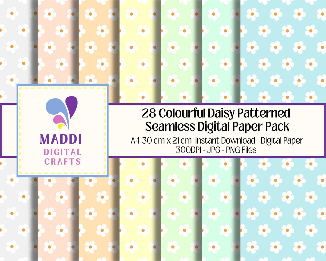 Colourful Daisy Flowers A4 Seamless Patterned Digital Paper ...