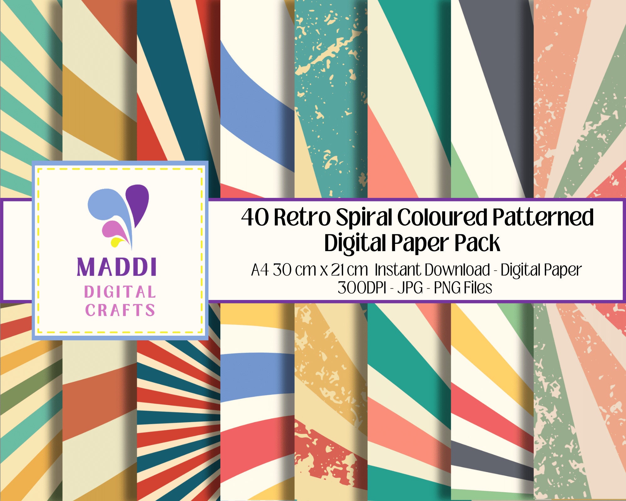 Retro Sunburst Patterned Printable Digital Paper A4 Downloadable ...
