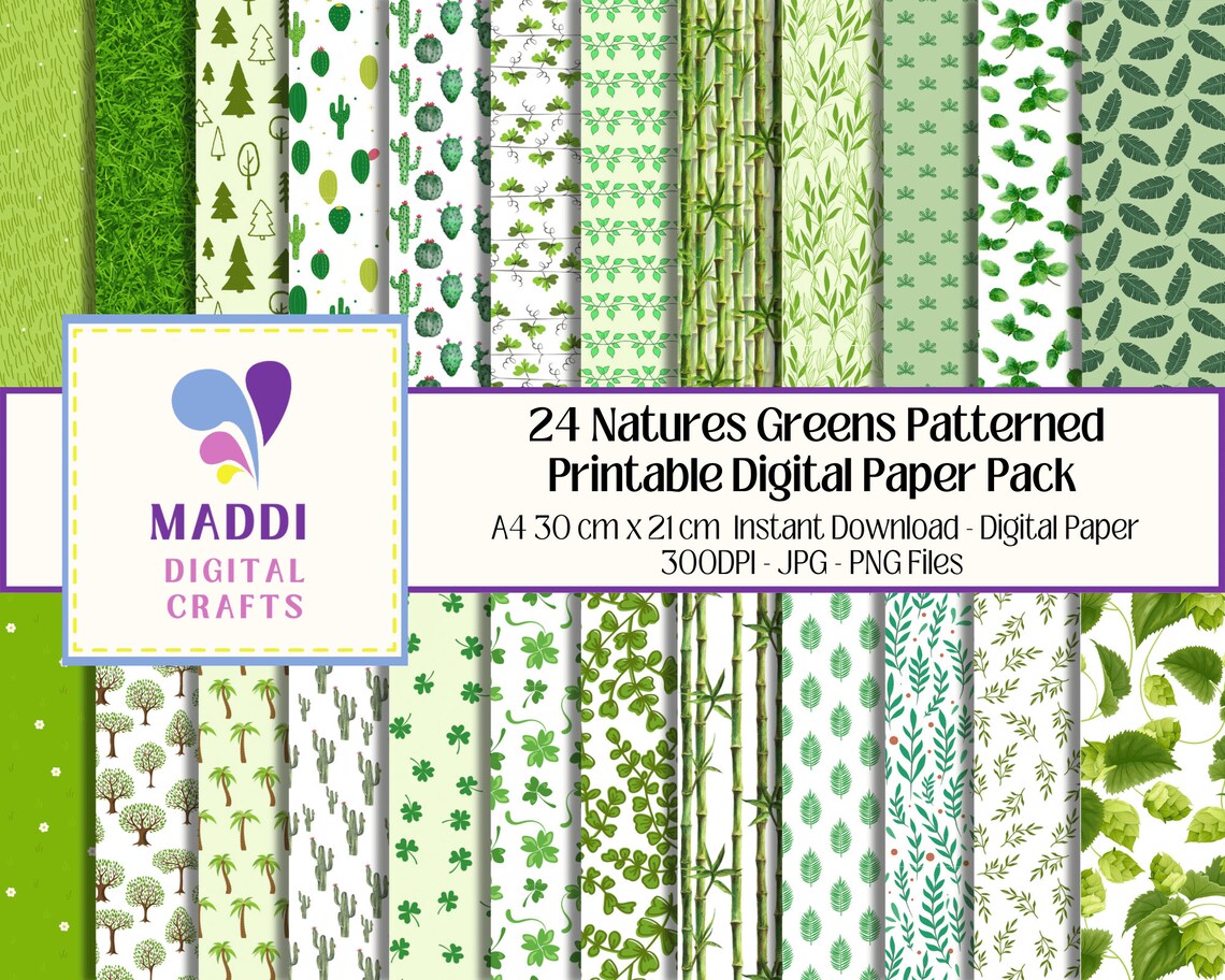 Natures Greens Foliage Digital Paper A4 Downloadable Leaf Patterned ...
