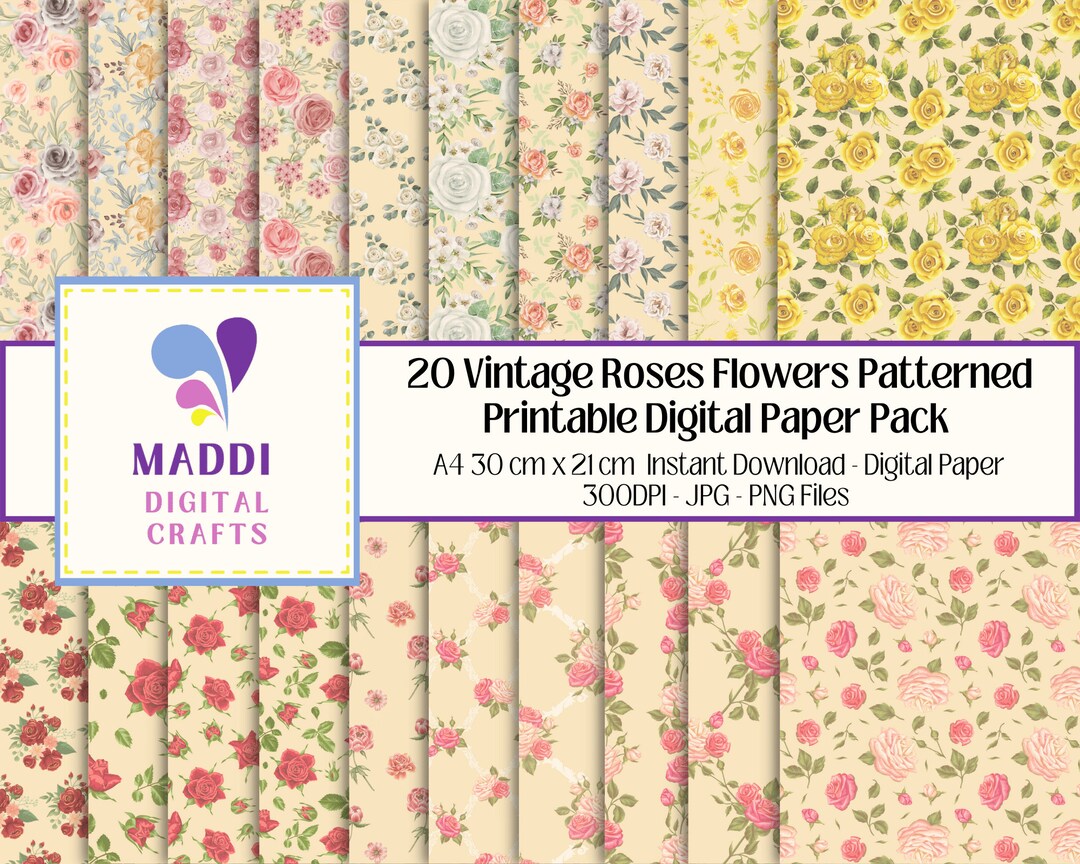 Vintage Roses Floral Patterned Digital Paper A4 Printable Scrapbooking ...