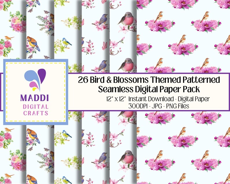 Birds & Flowers Theme Printable Paper Pack Floral Bird Patterned ...