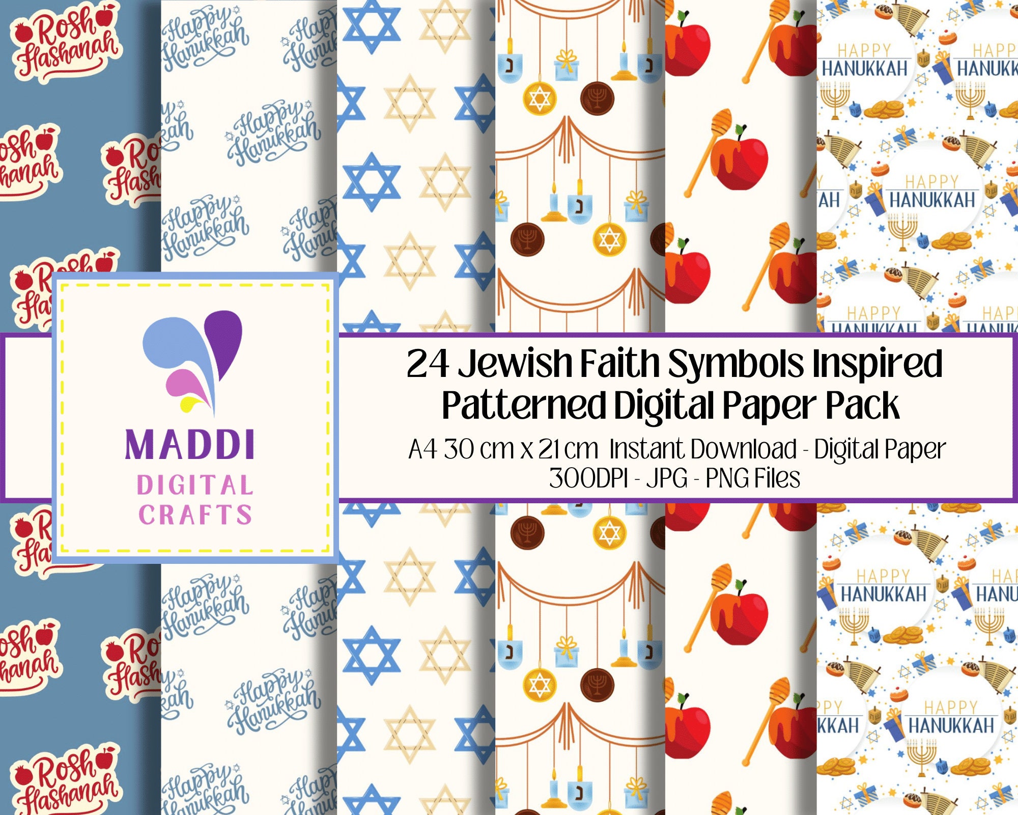 Jewish Faith Inspired Printable Paper Religious Symbols Digital A4 ...