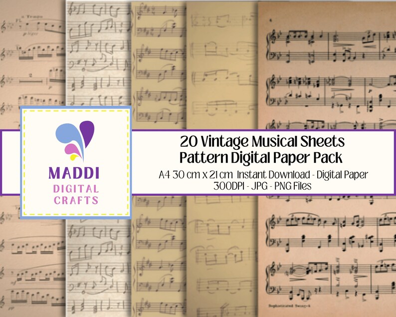 Vintage Music Sheets Digital A4 Downloadable Paper Musical Graphic ...