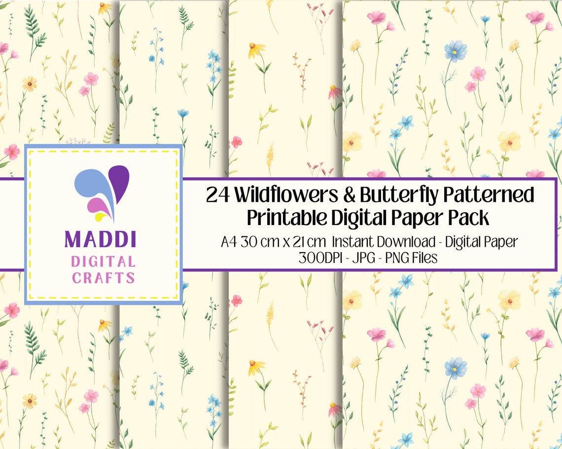 Wildflowers Butterflies Digital A4 Downloadable Printable Floral Card ...