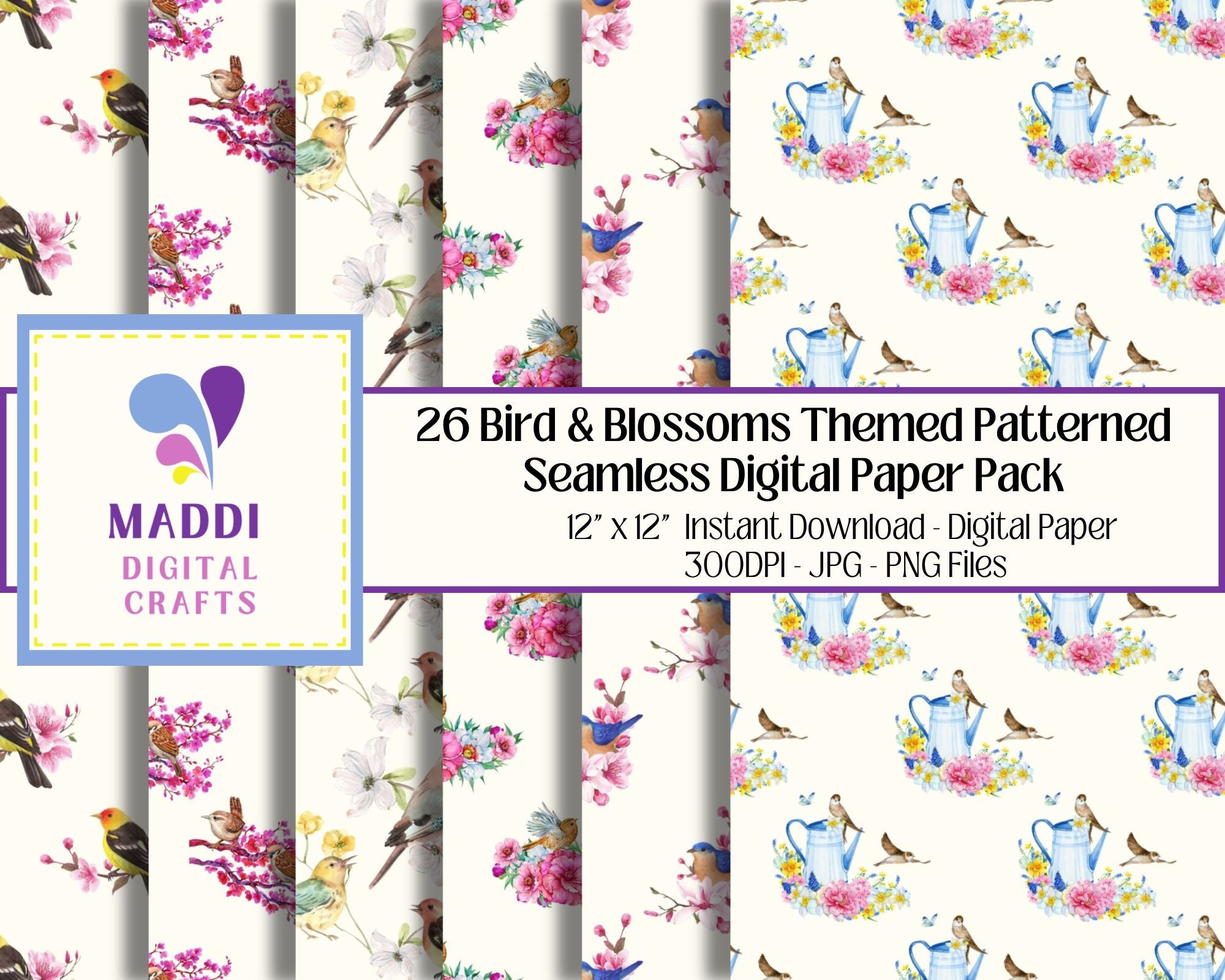Birds & Flowers Theme Printable Paper Pack Floral Bird Patterned ...