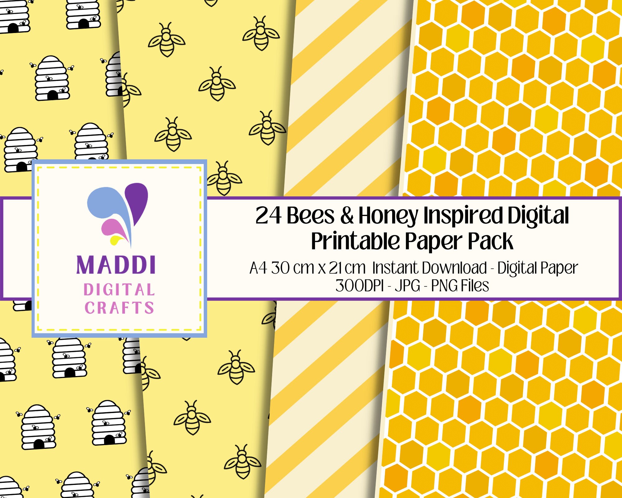 Bees and Honey Patterned Digital A4 Downloadable Paper Printable Card ...