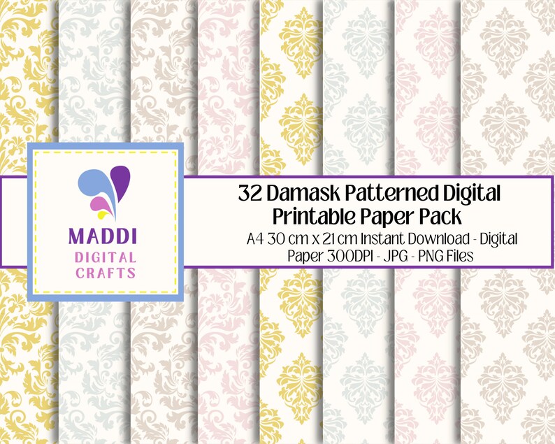 Elegant Damask Vintage Patterned Printable Digital Paper A4 ...