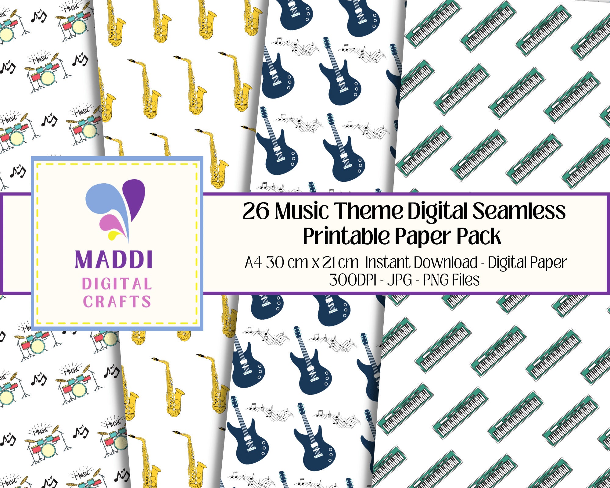 Musical Theme Digital A4 Downloadable Seamless Paper Music Patterns ...