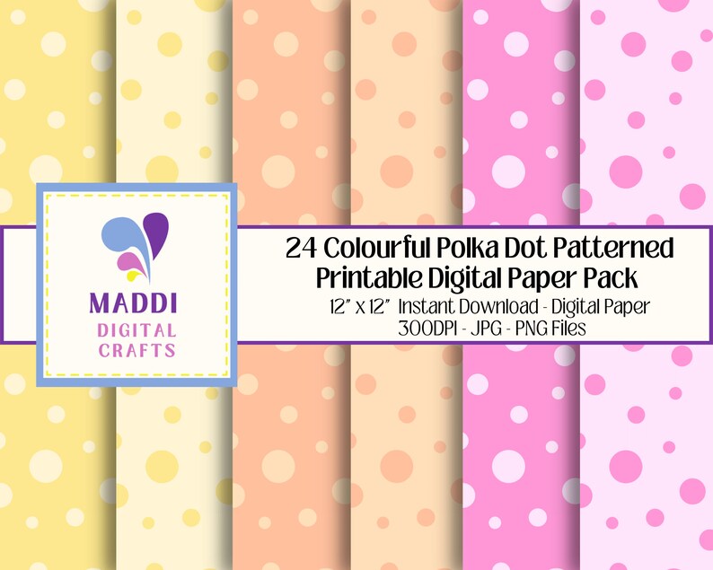 Polka Dots Patterned Printable Paper Colourful Digital Ephemera Card ...