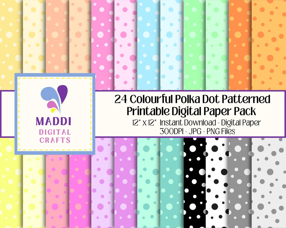 Polka Dots Patterned Printable Paper Colourful Digital Downloadable 12 ...