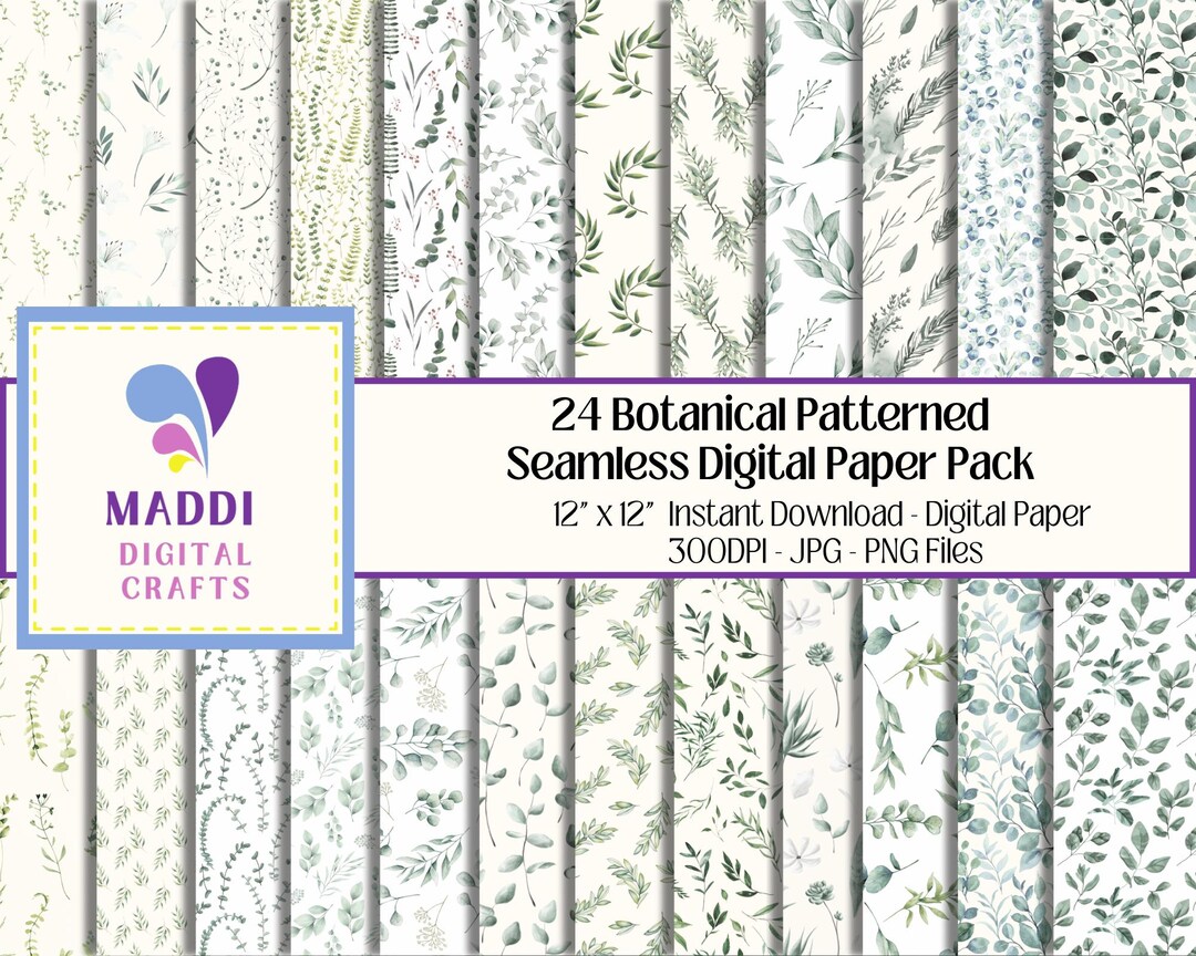 Botanical Patterned Printable Paper Natures Foliage Digital ...