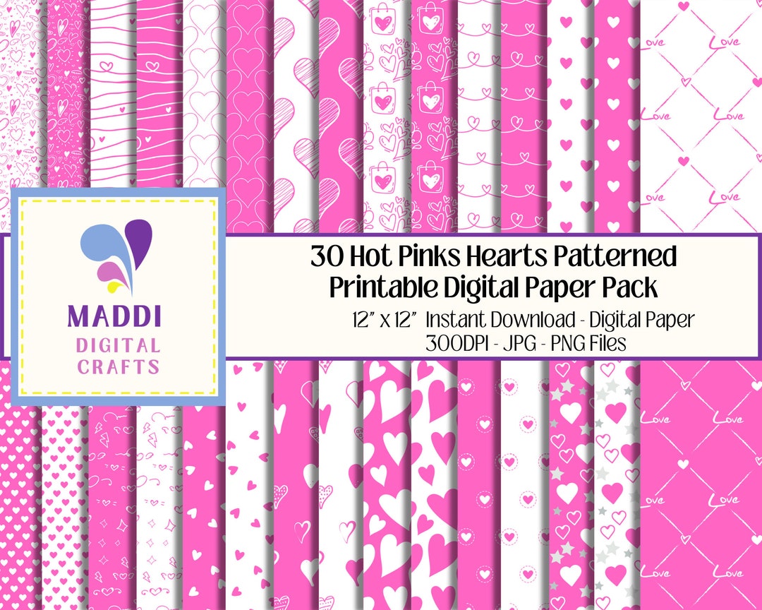 Hot Pink Hearts Printable Patterned Paper Digital Scrapbook Ephemera ...