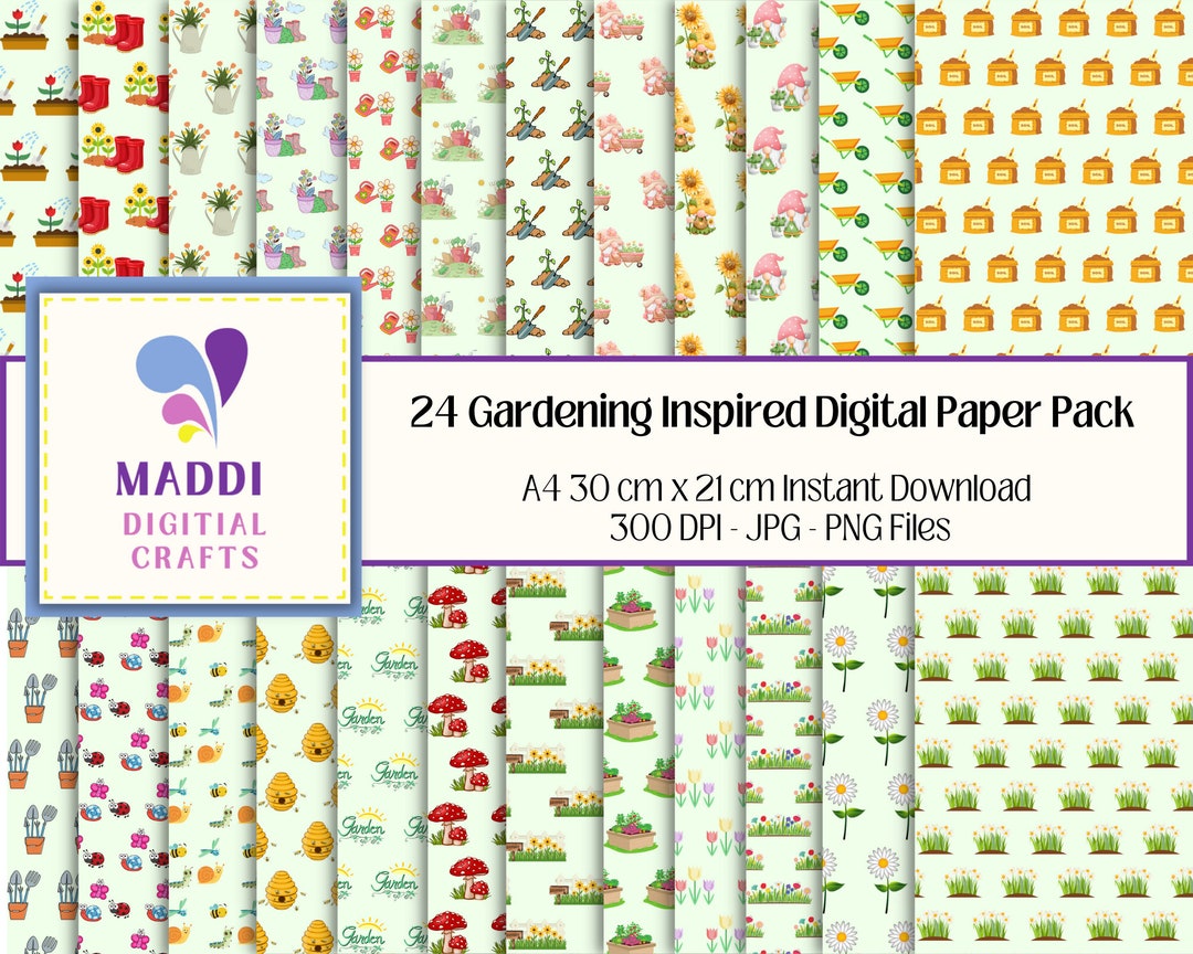 Gardening Themed A4 Patterned Digital Paper 24 Downloadable Card Making ...