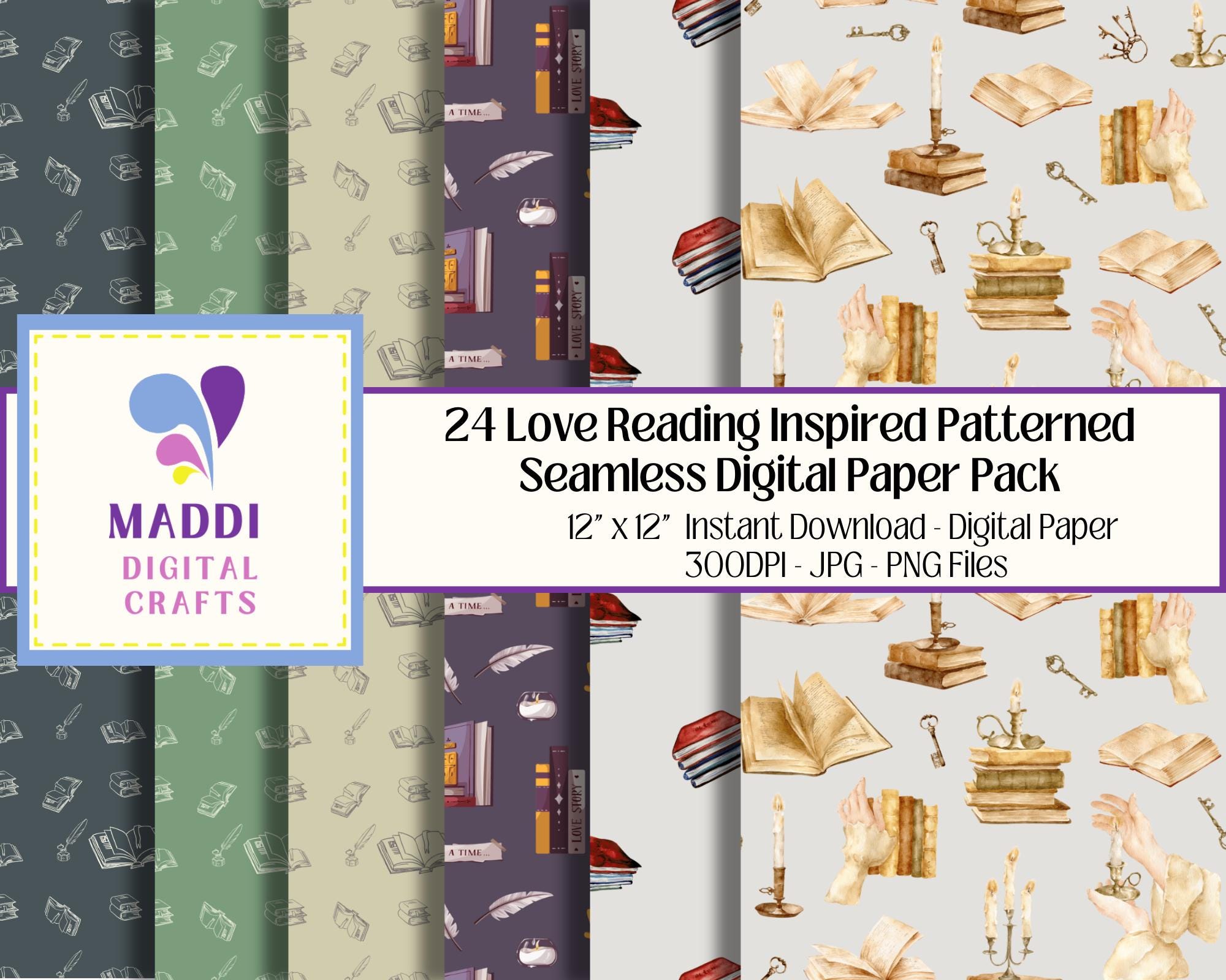 Reading Library Printable Seamless Patterned Digital Paper Books Theme ...