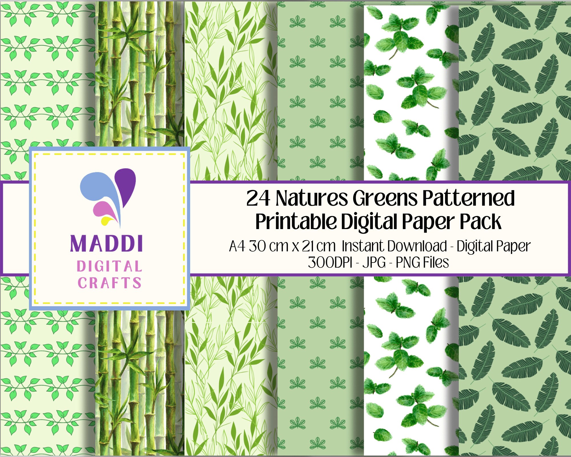 Natures Greens Foliage Digital Paper A4 Downloadable Leaf Patterned ...