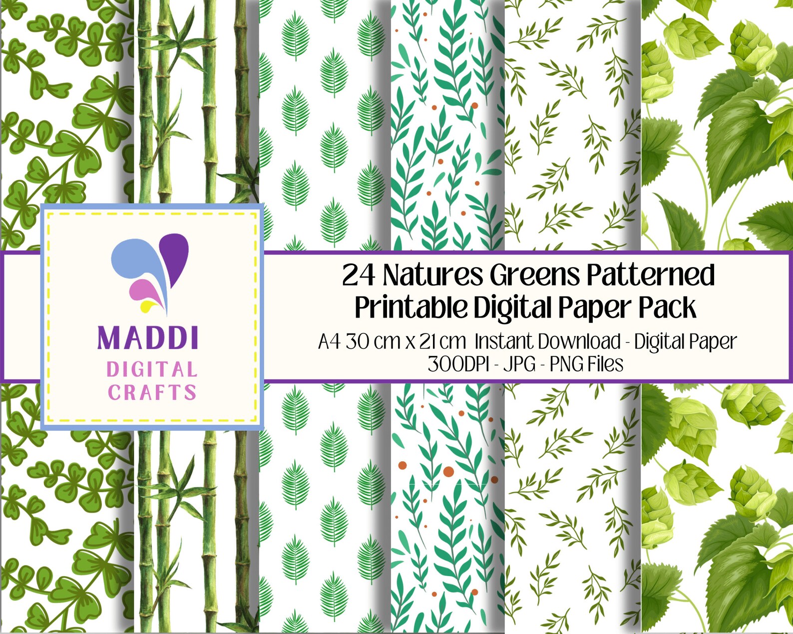 Natures Greens Foliage Digital Paper A4 Downloadable Leaf Patterned ...