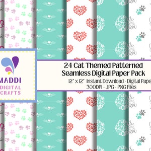 Love Cats Themed Printable Paper Pack Feline Animal Seamless Patterned ...