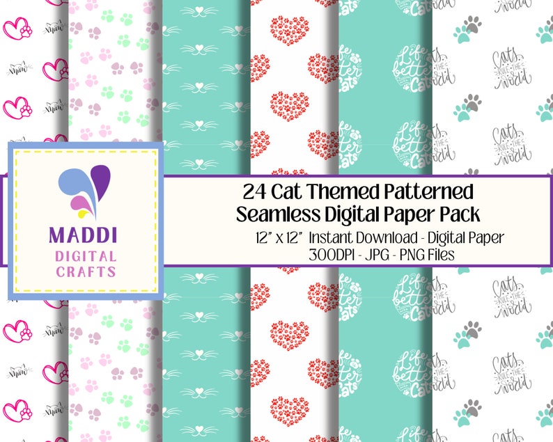 Love Cats Themed Printable Paper Pack Feline Animal Seamless Patterned ...
