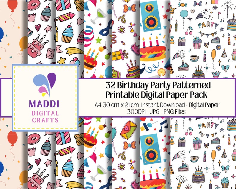 Birthday Celebration Digital A4 Printable Party Paper Patterns Journal ...
