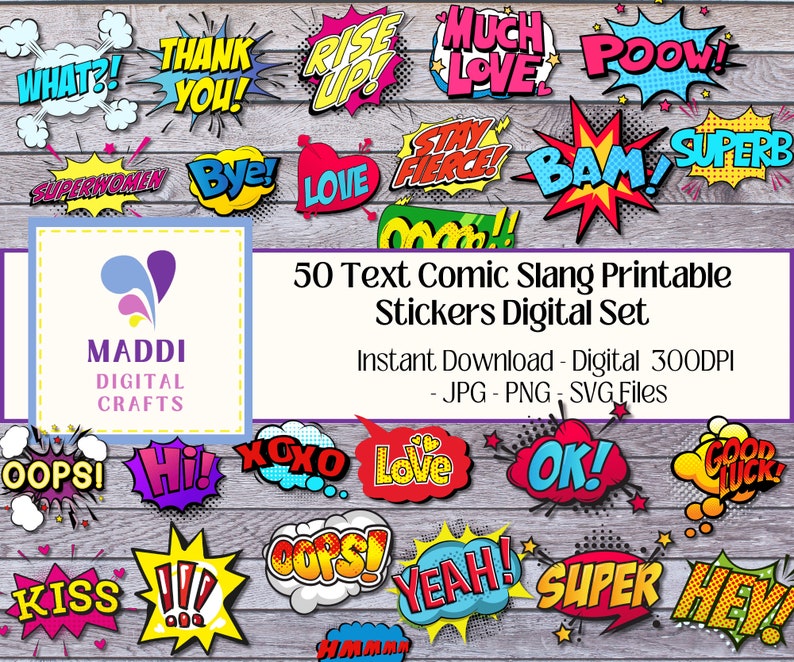 Comic Text Printable Journalling Stickers Pop Art Phrases Wording ...