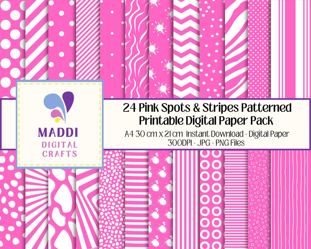 Hot Pink Spots and Stripes Patterns Digital A4 Downloadable Paper Card ...