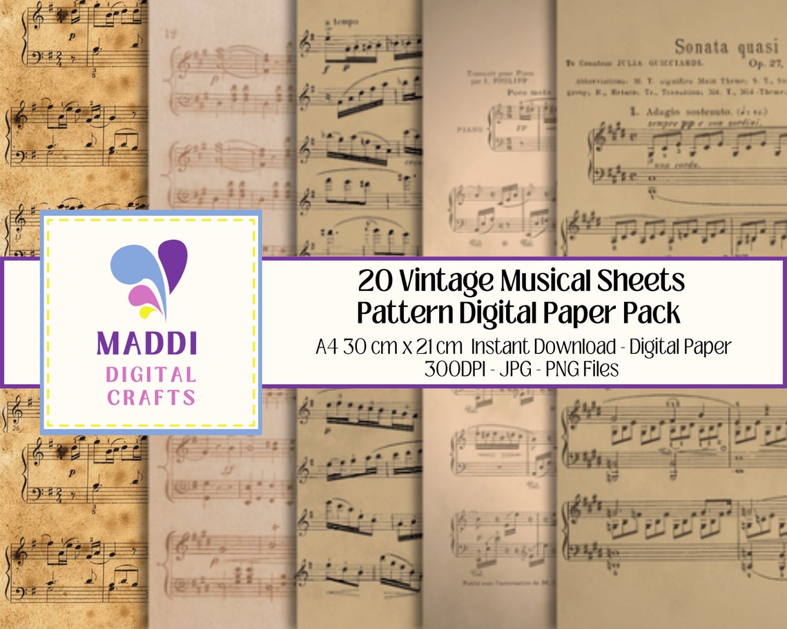 Vintage Music Sheets Digital A4 Downloadable Paper Musical Graphic ...