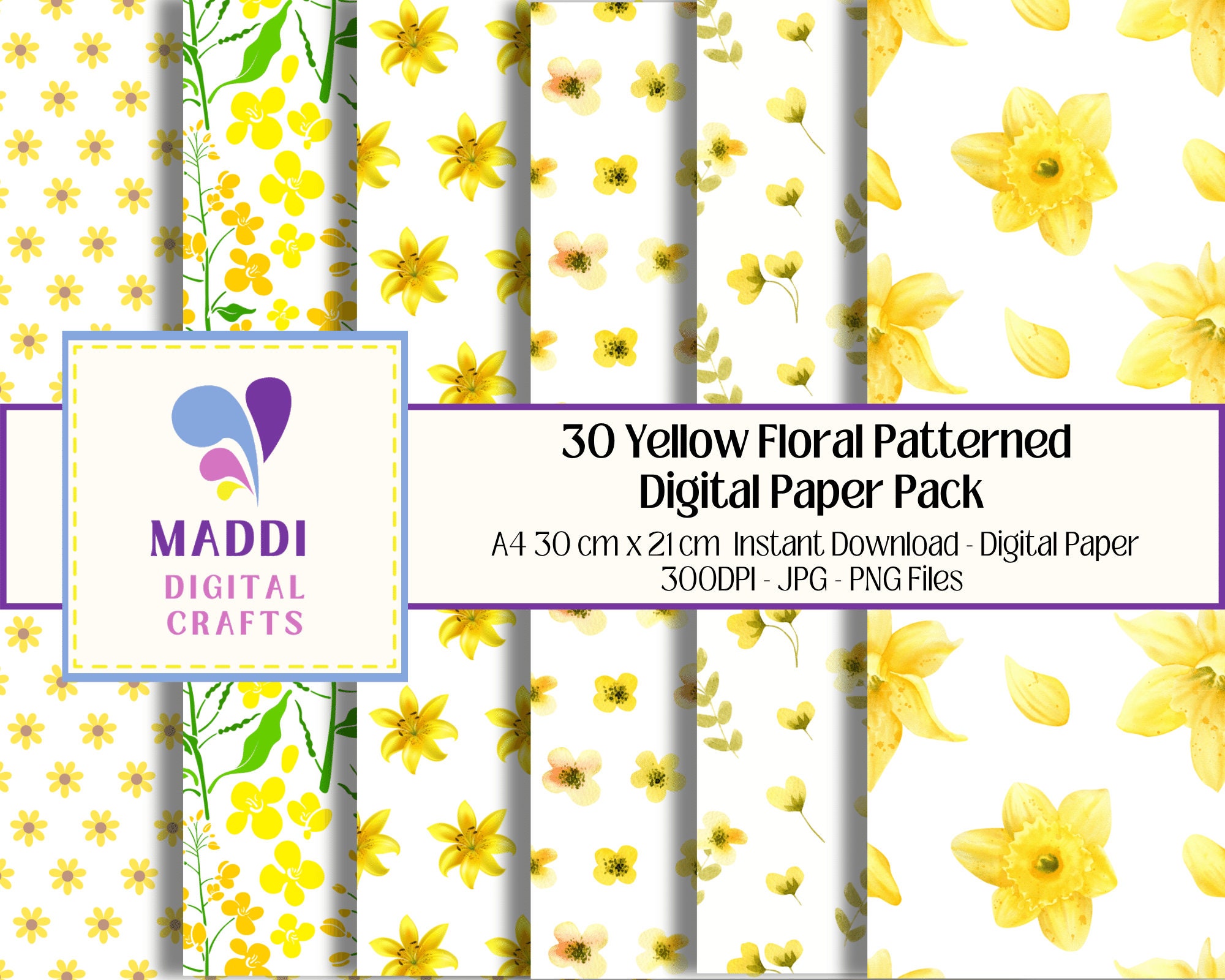 Yellow Flowers Themed Printable Paper Digital A4 Floral Downloadable ...