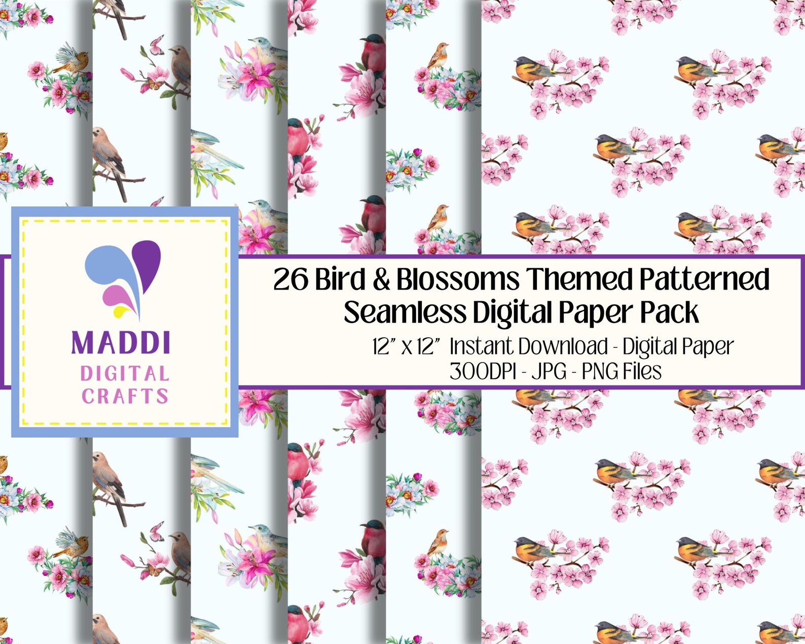 Birds & Flowers Theme Printable Paper Pack Floral Bird Patterned ...
