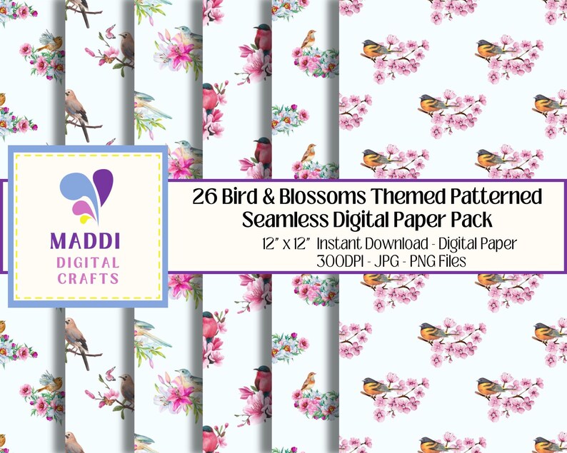 Birds & Flowers Theme Printable Paper Pack Floral Bird Patterned ...