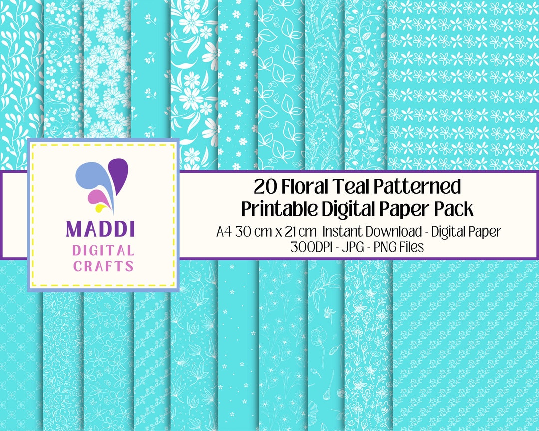 Floral Teal A4 Patterned Digital Printable Paper Downloadable Card ...