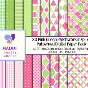 Patchwork Inspired Printable Paper Roses Digital A4 Pink Green ...