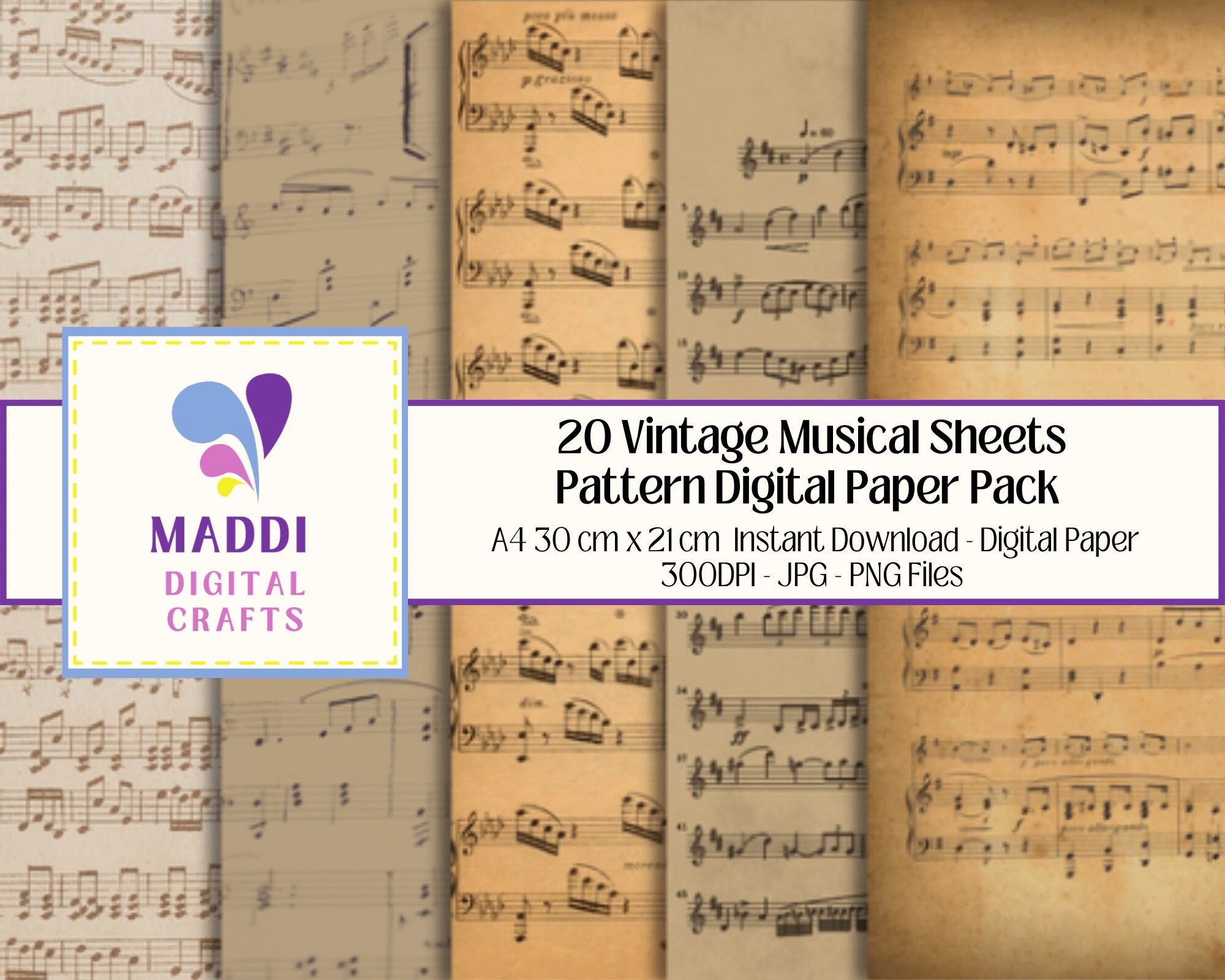 Vintage Music Sheets Digital A4 Downloadable Paper Musical Graphic ...