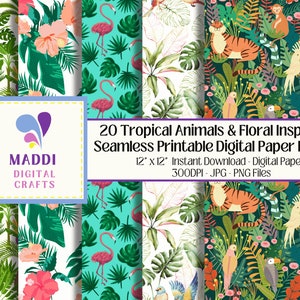 Tropical Floral Themed Seamless Digital Paper 12 X 12 Printable Exotic Animal Flowers Patterned ...