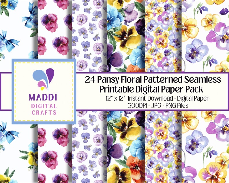 Pansies Floral Seamless Digital Paper 12 X 12 Printable Pansy Flowers ...
